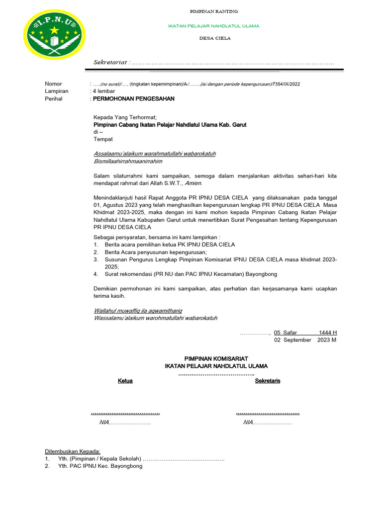Draf Surat Permohonan Pengesahan PR Ipnu Desa Ciela | PDF