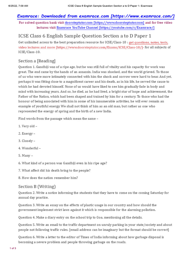 ICSE Class 6 English Sample Paper 1 | Download Free PDF | Grammar ...