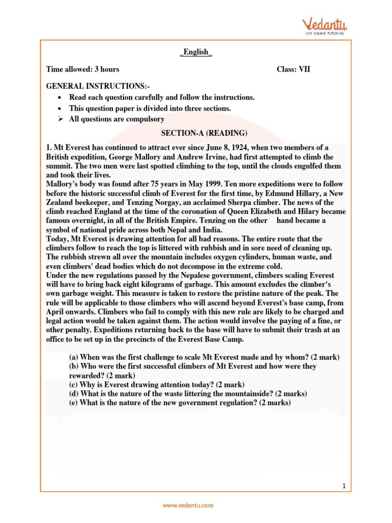 ICSE Sample Papers For Class 7 English Paper 1 (2019-2020) | PDF ...