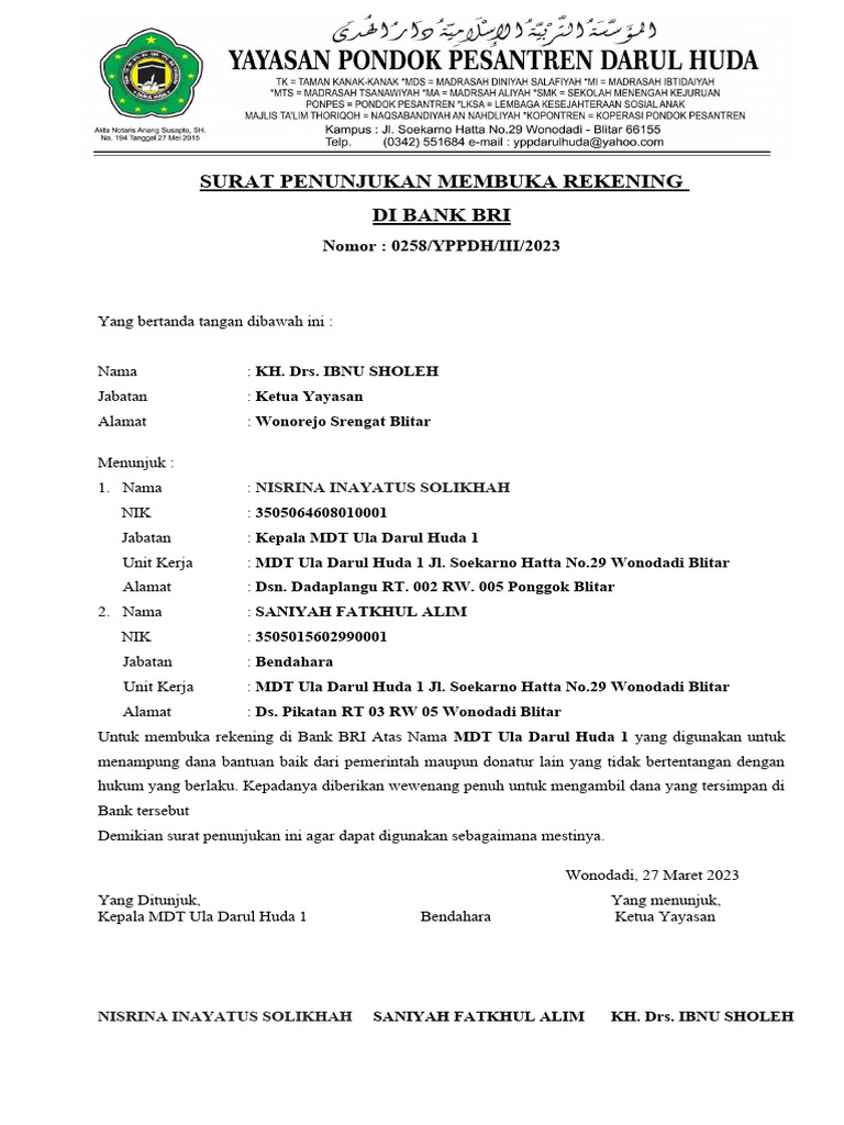 Surat Penunjukan Rekening BRI MDT | PDF | Politik | Ilmu Sosial
