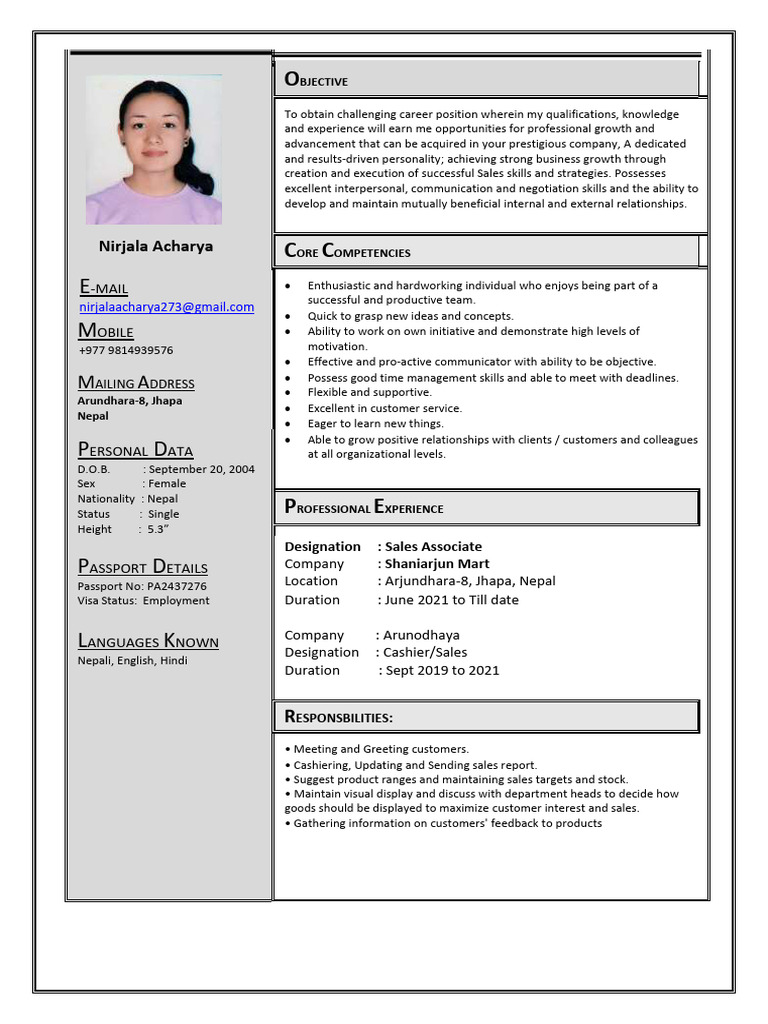 Sales Associate Resume - Nirjala Acharya | PDF | Cognition | Human ...