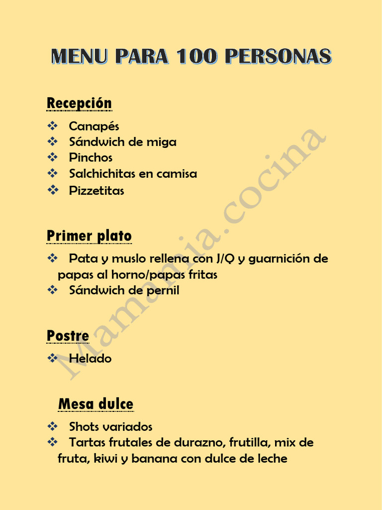 Menu para 100 Personas | PDF | Cocina, comidas y vino