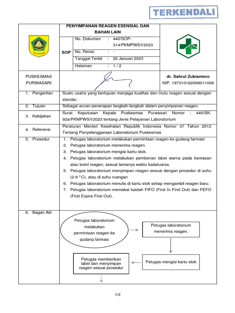 Penyimpanan Reagen Laboratorium SOP | PDF
