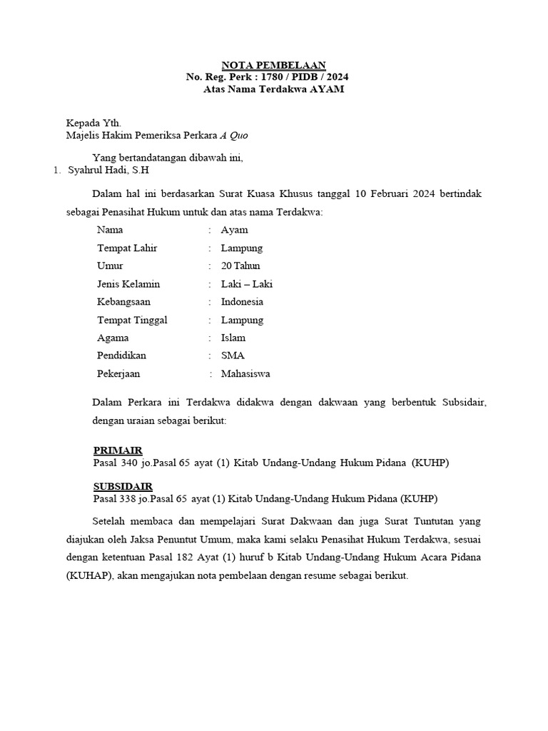 Nota Pembelaan (Pledoi) | PDF