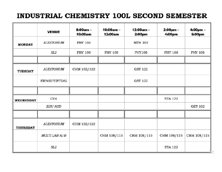 INDUSTRIAL CHEMISTRY 2ND SEMESTER TIMETABLE | PDF