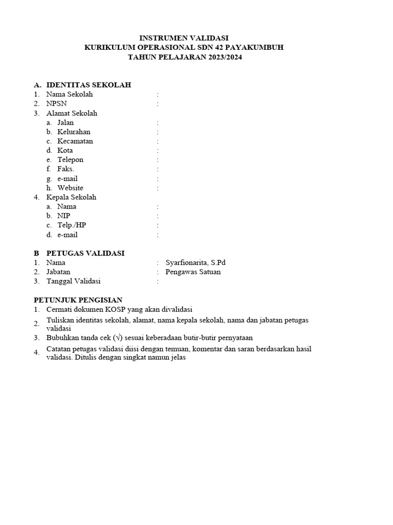 Instrumen Validasi Kosp 2024-2025 | PDF