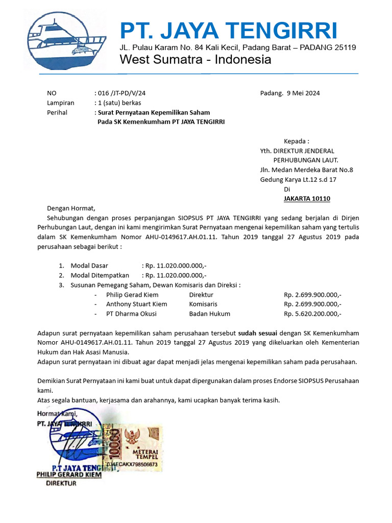 Surat Pernyataan Pemegang Saham Perusahaan Sesuai SK Kemenkumham | PDF