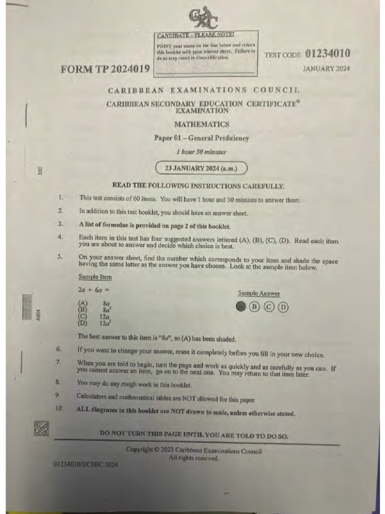 January 2024 CSEC Math Paper 1 | PDF