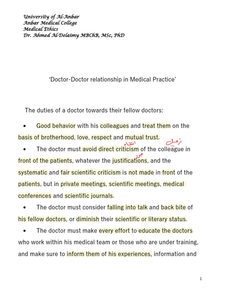 Doctor-Doctor Relationship (2 Lectures) | PDF | Physician | Medical Ethics