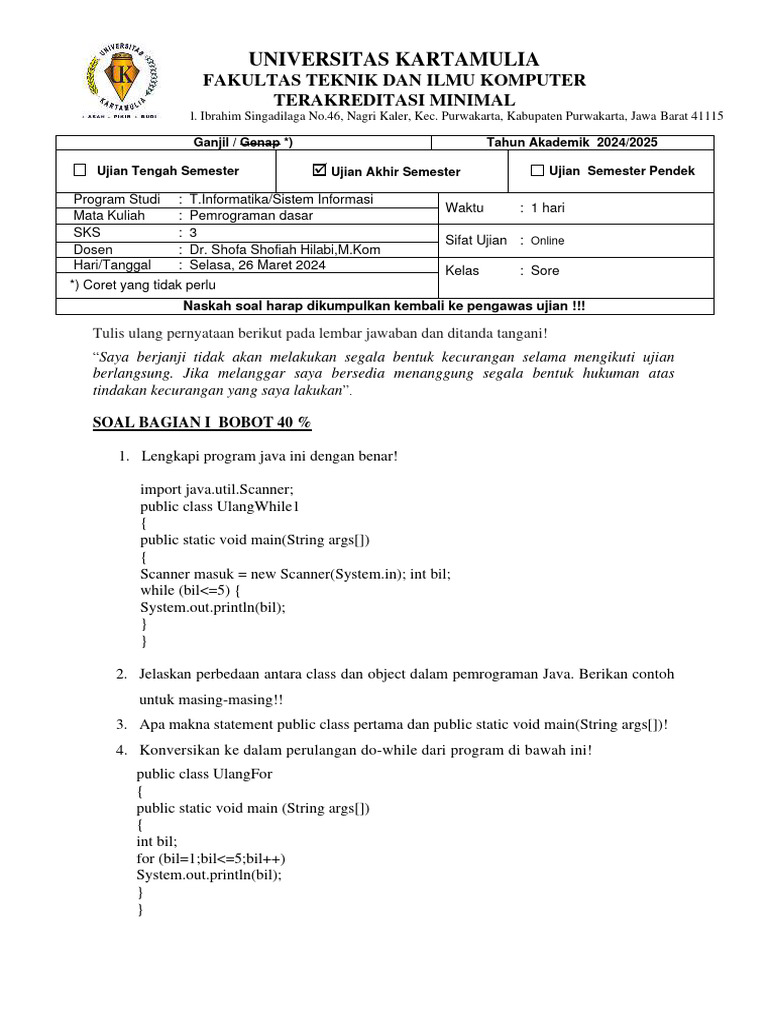 SOAL - SM1 - UAS-Pemrograman Dasar-2024 | PDF