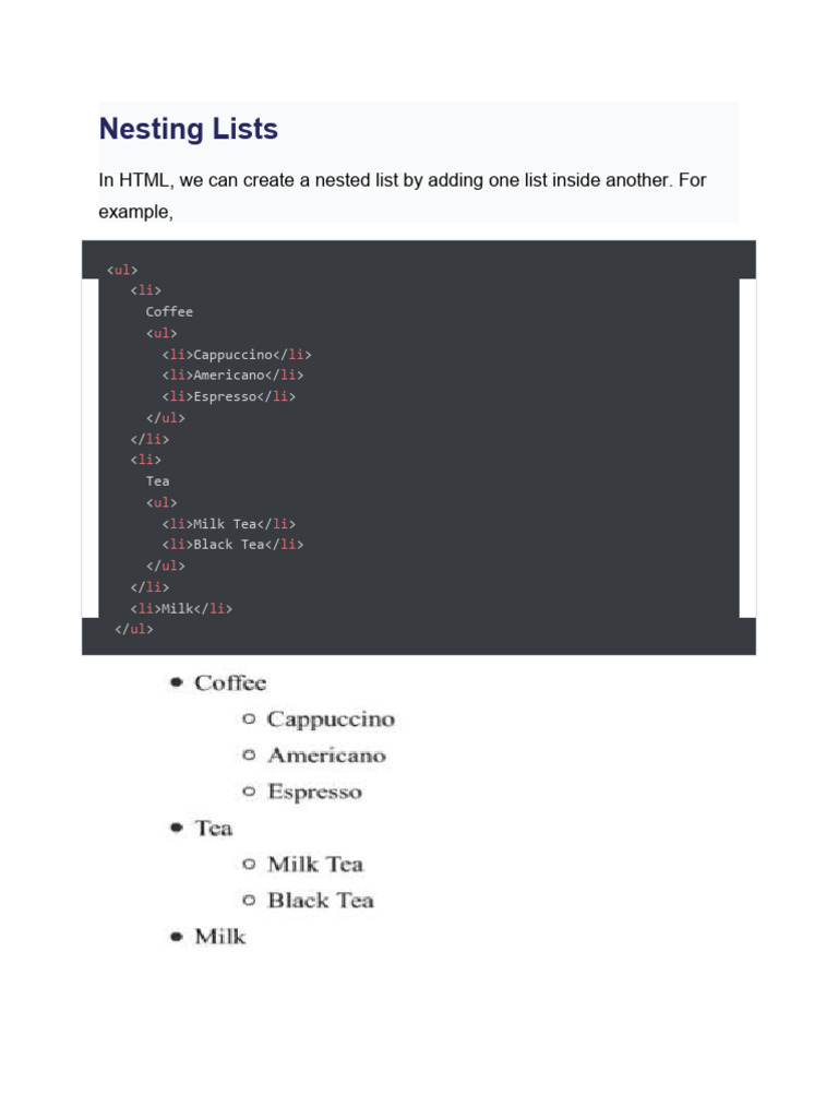 HTML Nested List Programs | PDF | Html Element | Western Cuisine