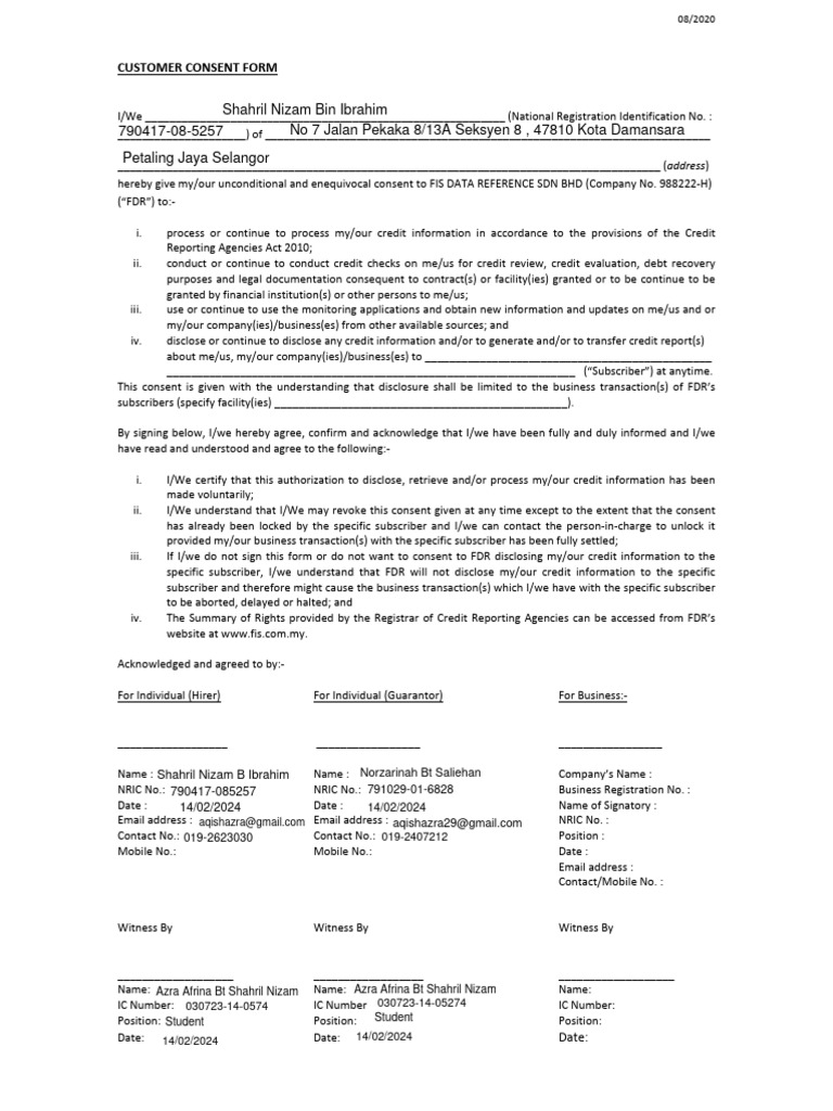 3-New Customer Consent Form-Fis (August2020) | PDF | Finance & Money ...