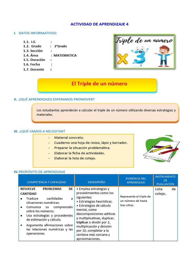 D4 A2 SESION MAT. El Triple de un número | PDF | Evaluación | Cognición
