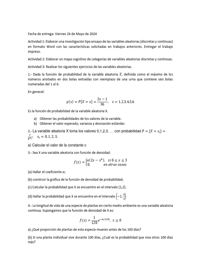 Tarea Probabilidad y Estadística Unidad 3 | PDF | Función de densidad de probabilidad | Variable ...