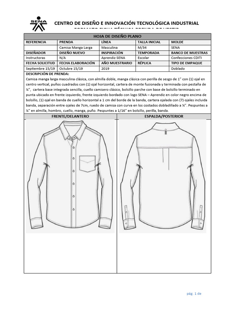 Ficha Tecnica Camisa Manga Larga Masculina Sena 2019 | Descargar gratis PDF | Ropa | Camisa