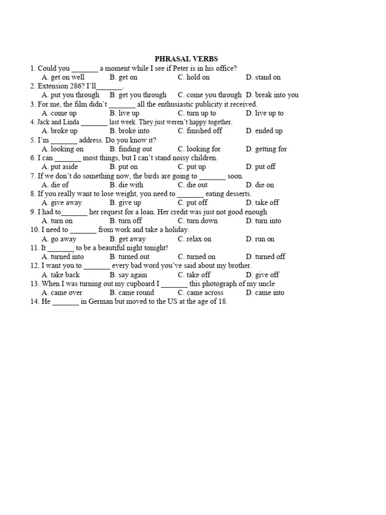 210 Câu Trắc Nghiệm Cụm Động Từ | PDF