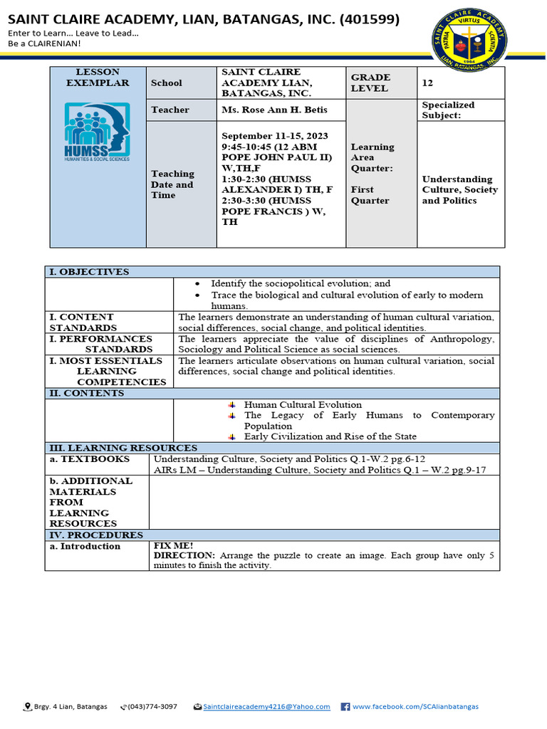 Lesson Exemplar - Ucsp.w3.bioce | PDF | Homo | Human Evolution