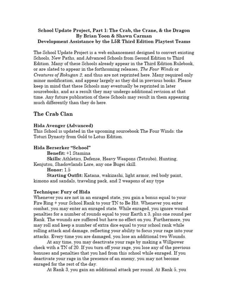 L5R - 3E - Clan School Update 1 | PDF | Japanese Martial Arts | Samurai