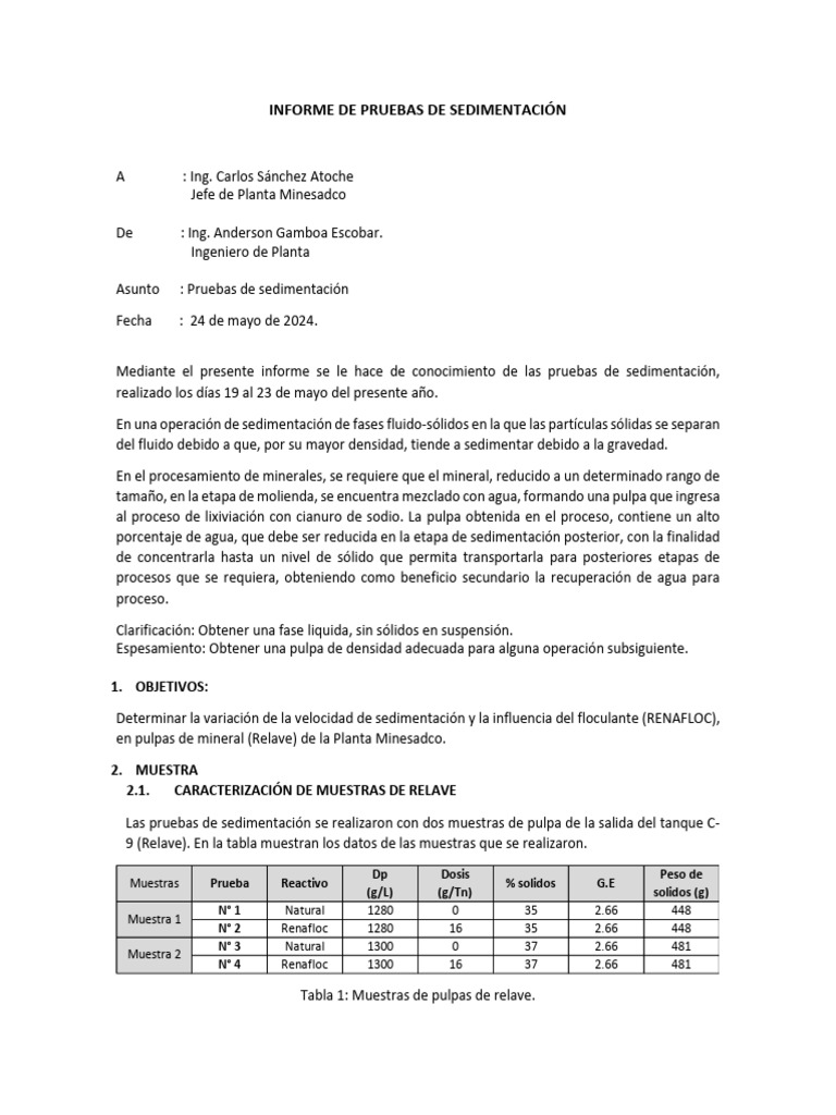 Informe de Pruebas de Sedimentación | PDF | Agua | Suspensión (Química)