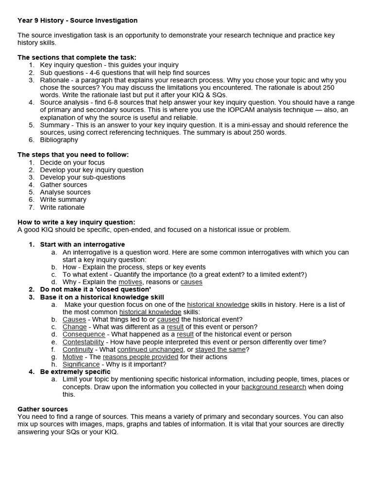 Year 9 History - Source investigation | Download Free PDF | Australia ...