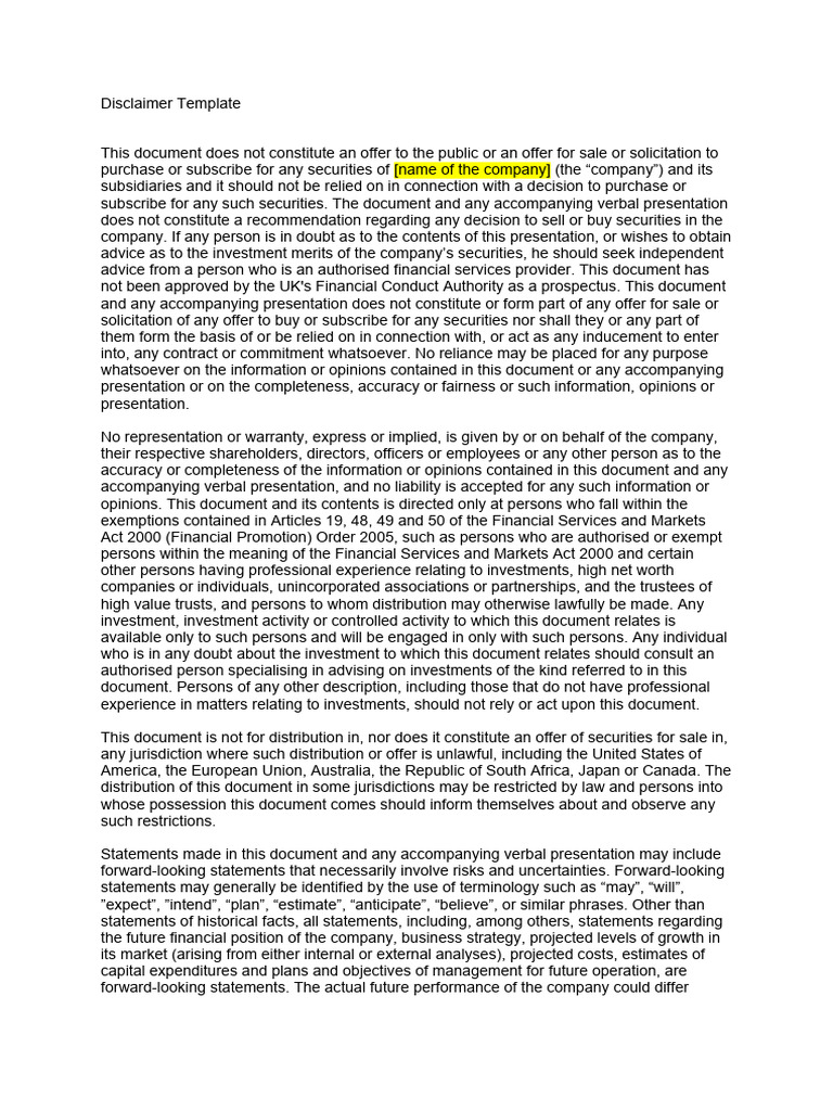 Disclaimer Template Matters2 | PDF | Investing | Securities (Finance)