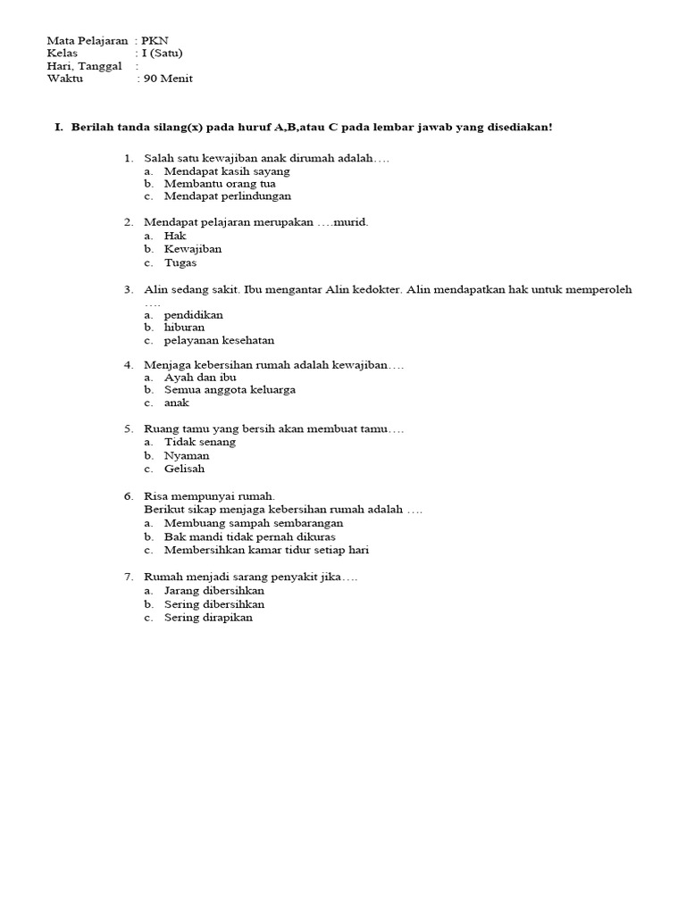 Soal Sts 2 PPKN Kelas 1 | PDF