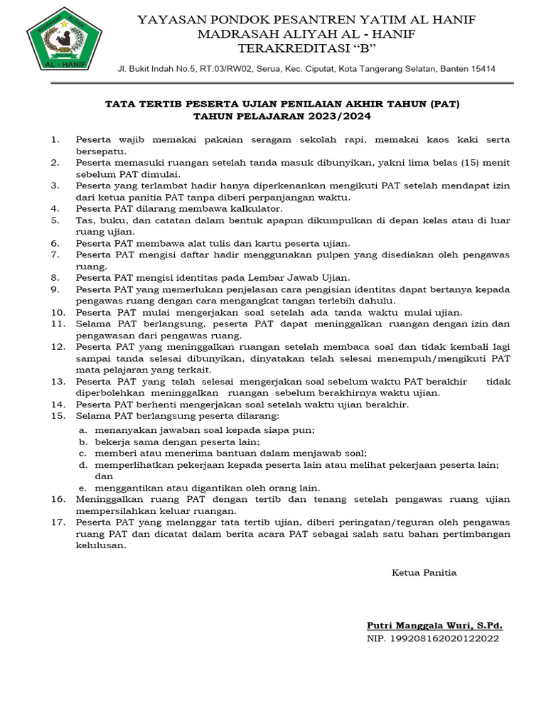 Tata Tertib Peserta PAT MA Al Hanif | PDF