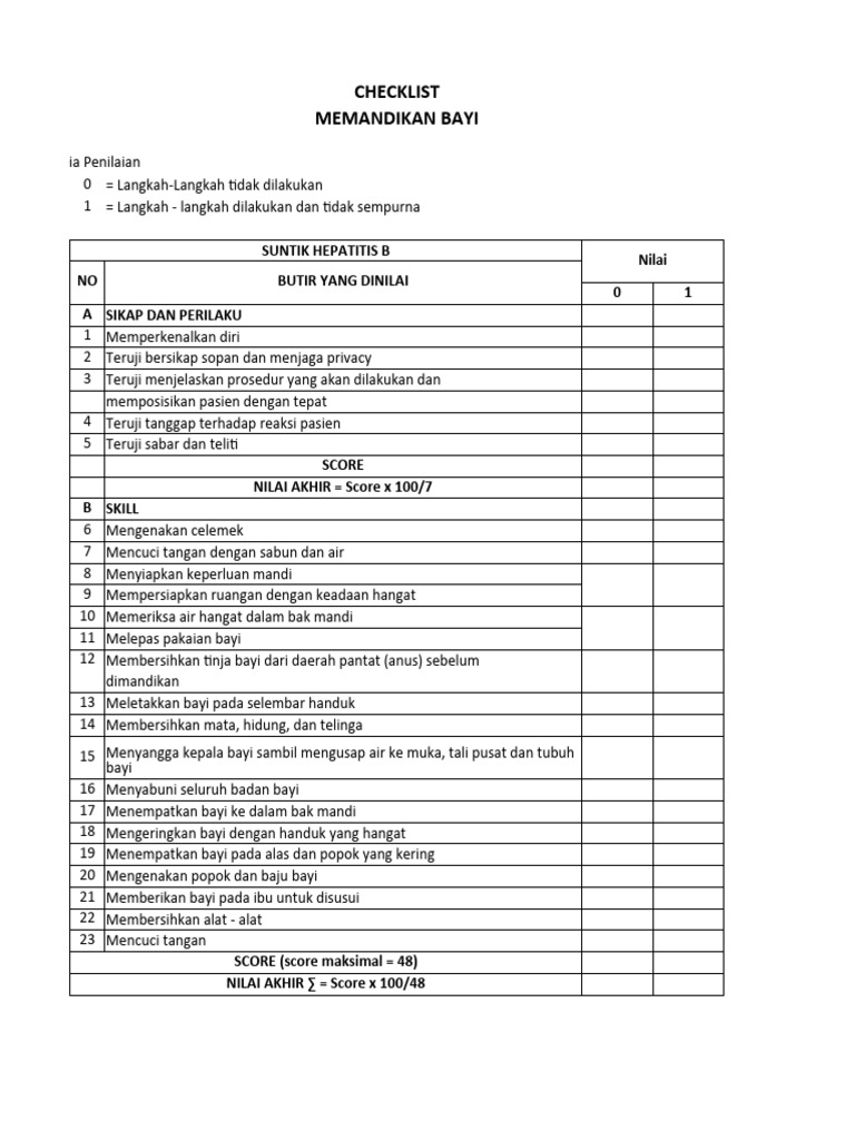 Checklist Memandikan Bayi dan Penilaian | PDF