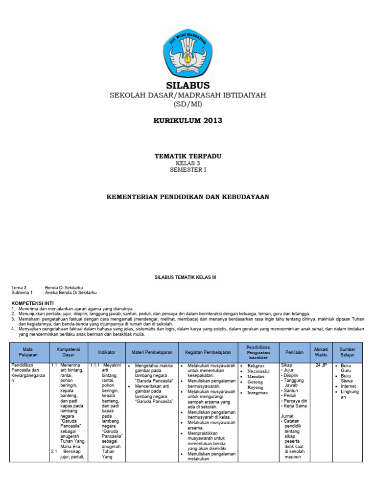 Silabus Kelas 3 Tema 3 - 9 Komponen | PDF