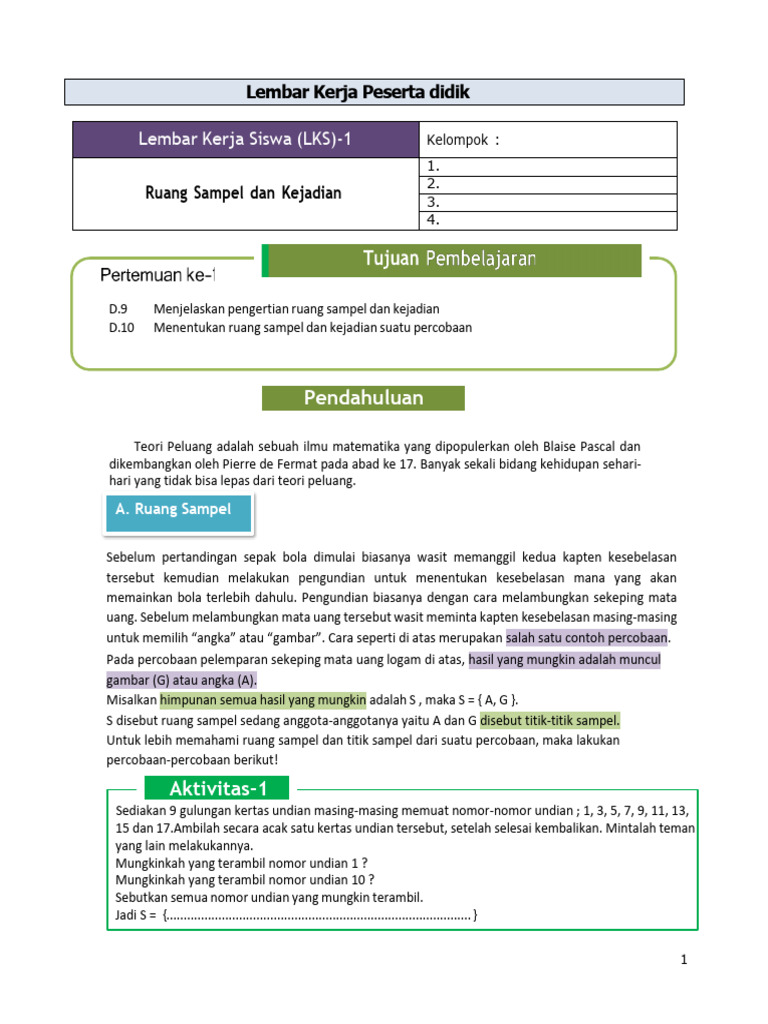 LKPD 1-2 Peluang Kelas 10 | PDF