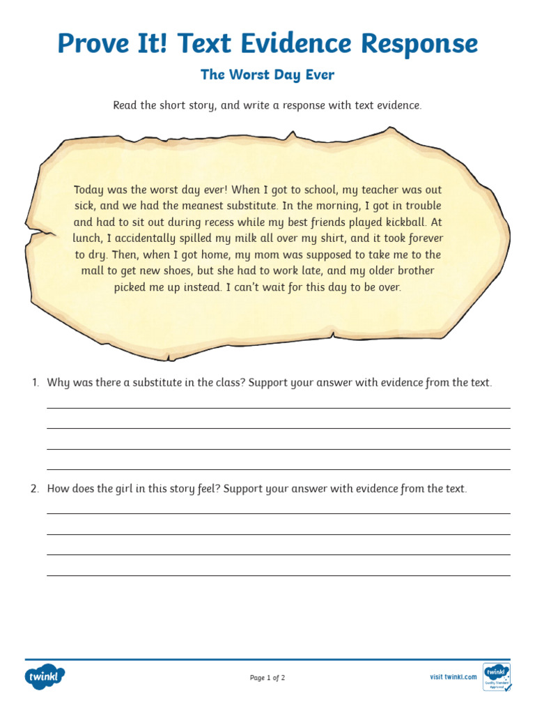 Prove It! Text Evidence Response - The Worst Day Ever | PDF | Wellness