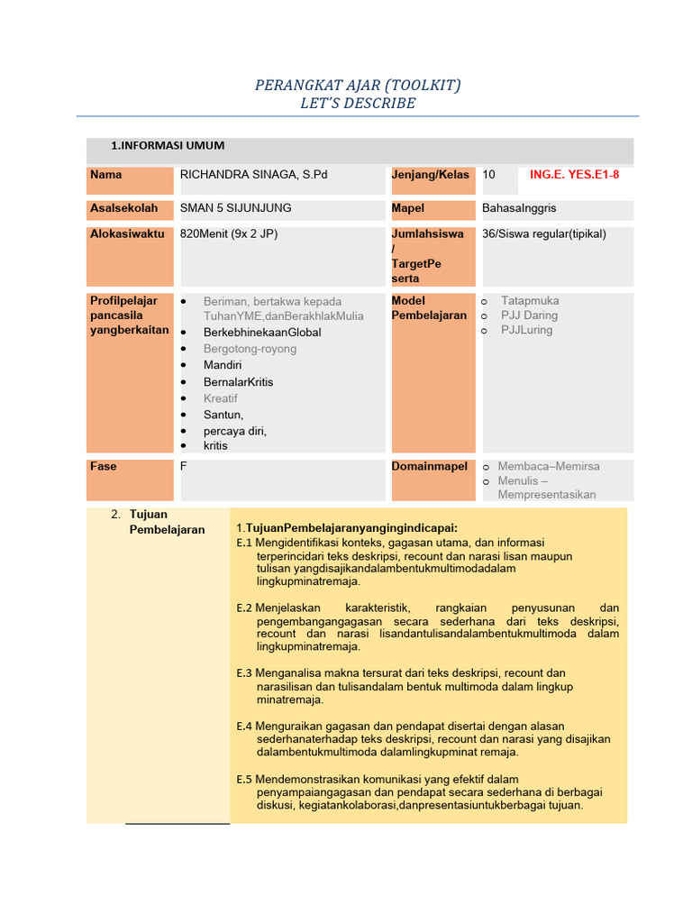 Toolkit Pembelajaran Bahasa Inggris Kelas 10 | PDF