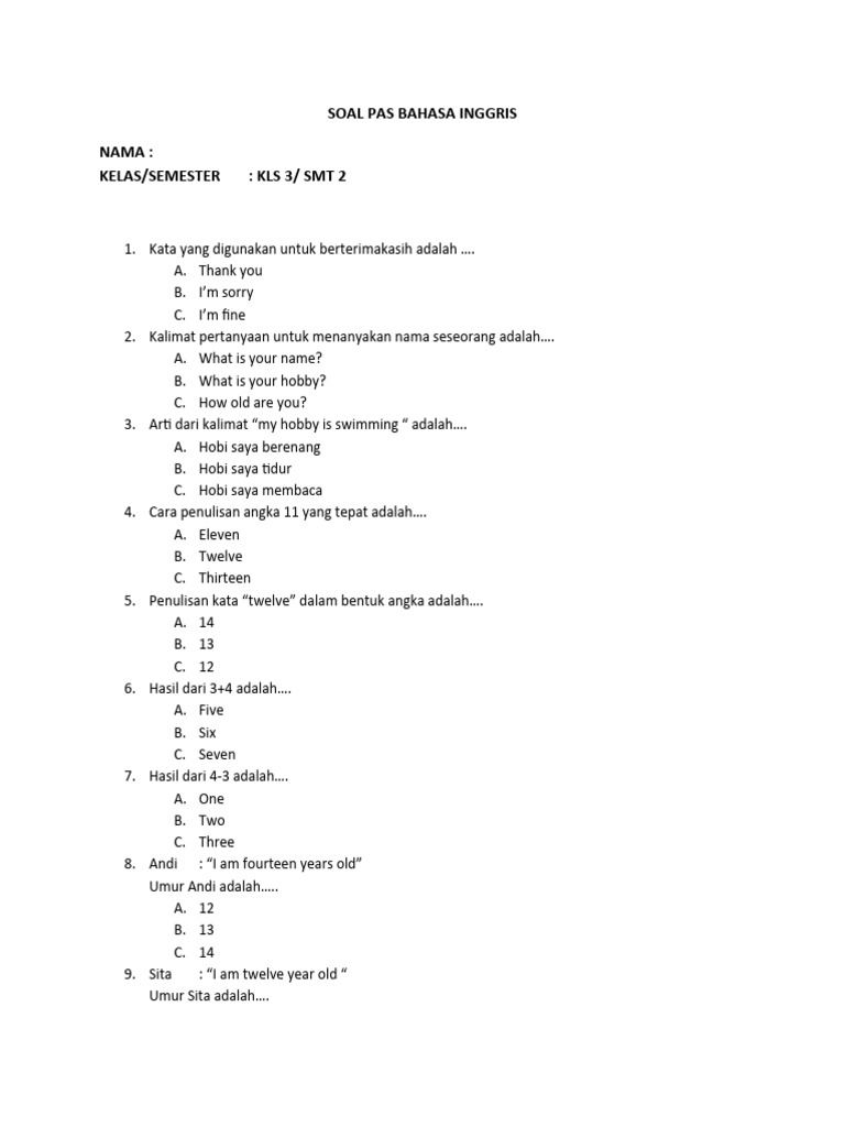 Soal Pas English Grade 3 | PDF