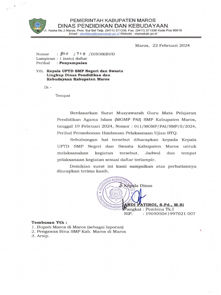 Surat Pelaksanaan Ujian BTQ | PDF