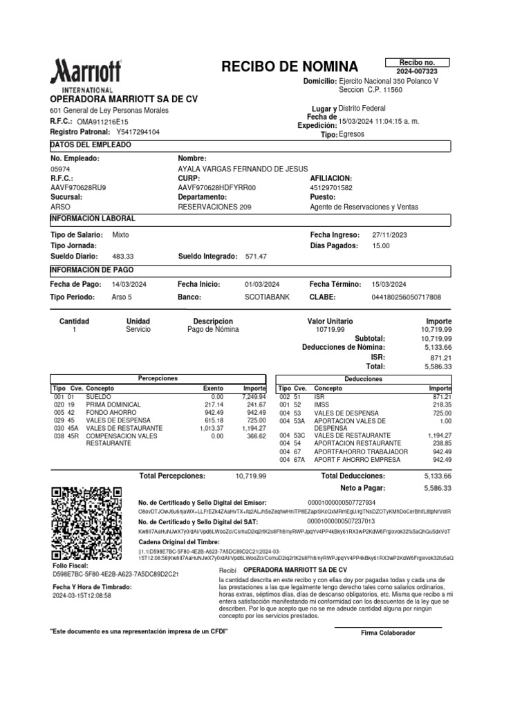 Recibo de Nomina: Operadora Marriott Sa de CV | PDF