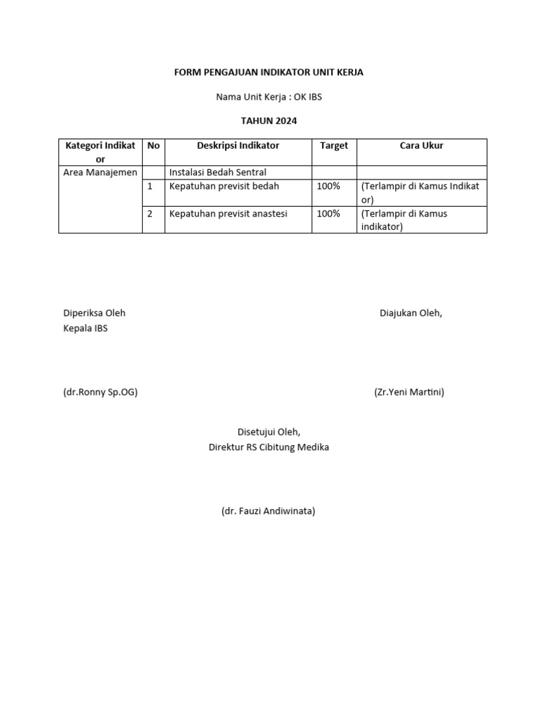 Form Pengajuan Indikator Unit Kerja | PDF
