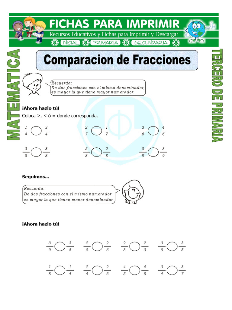 Ficha Comparacion de Fracciones para Tercero de Primaria | PDF