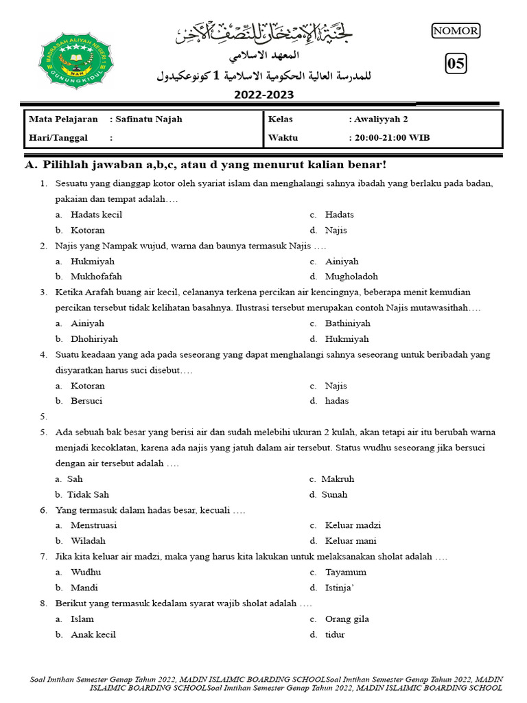 Soal Imtihan Awaliyah 2. Sem 2 | PDF
