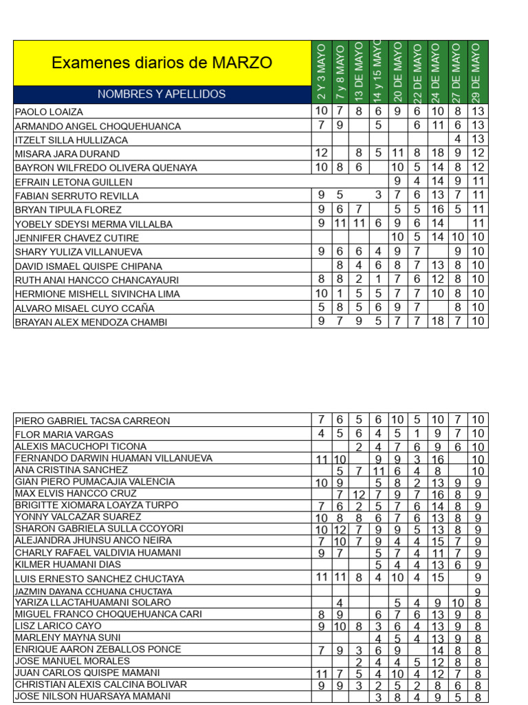 Notas de Examenes Diarios MAYO - XLSX - Hoja1 | PDF