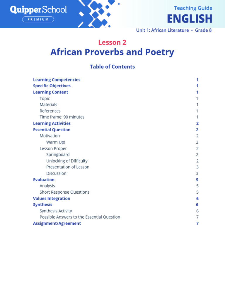 PDF (TG) - English 8 - Unit 1 - Lesson 2 - African Proverbs and Poetry | PDF | Proverb | Poetry