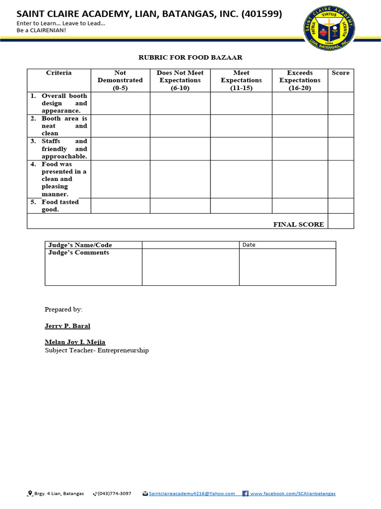 RUBRIC FOR FOOD BAZAAR | PDF