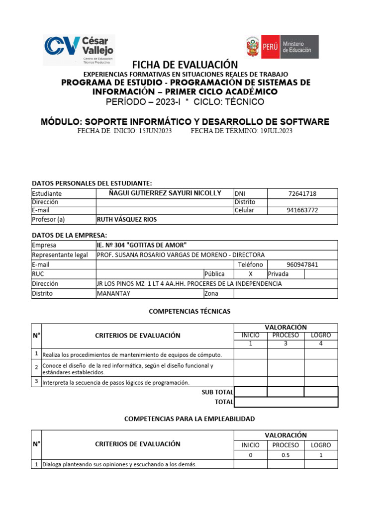 Ficha de Evaluación: Programa de Estudio - Programaci N de Sistemas de Ó Informaci N - Primer ...