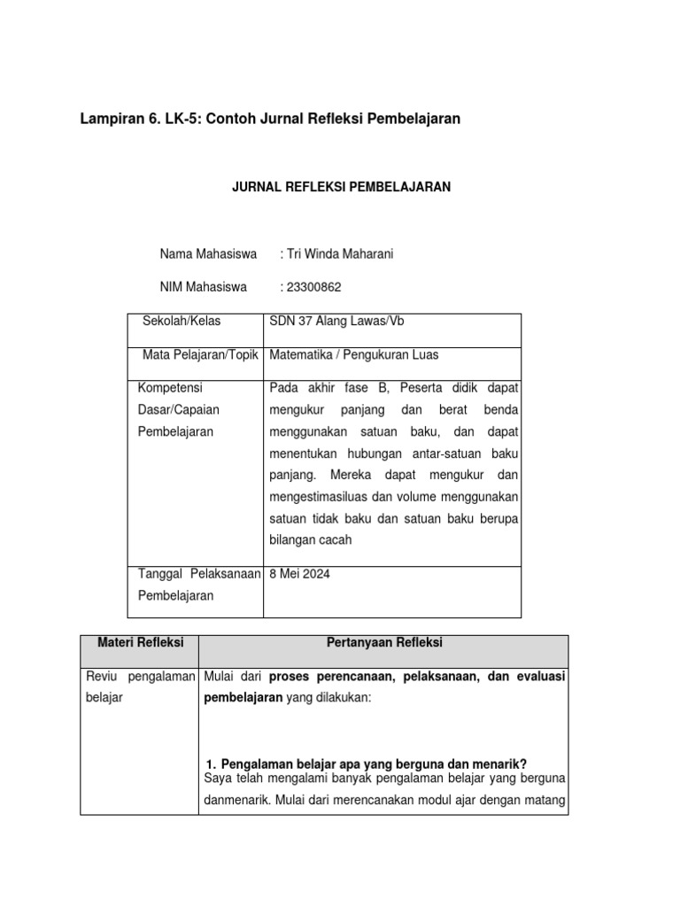 Lampiran 6. LK-5 Contoh Jurnal Refleksi Pembelajaran | PDF