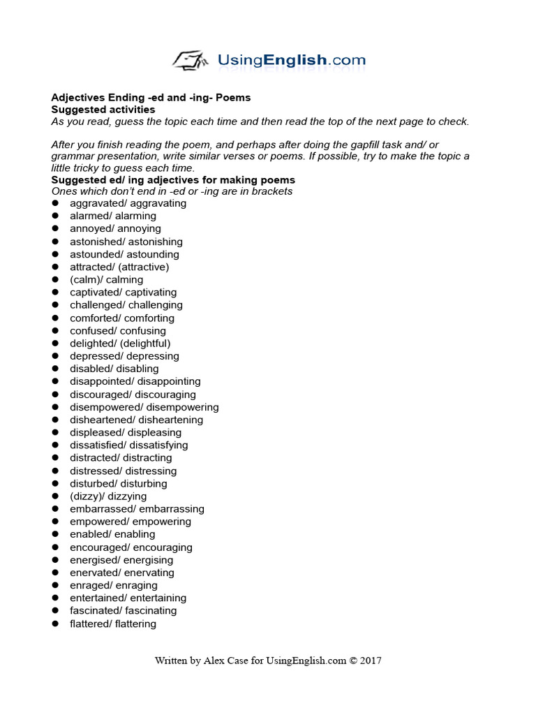 Adjectives -ed/-ing Poems & Activities | PDF | Language Arts ...
