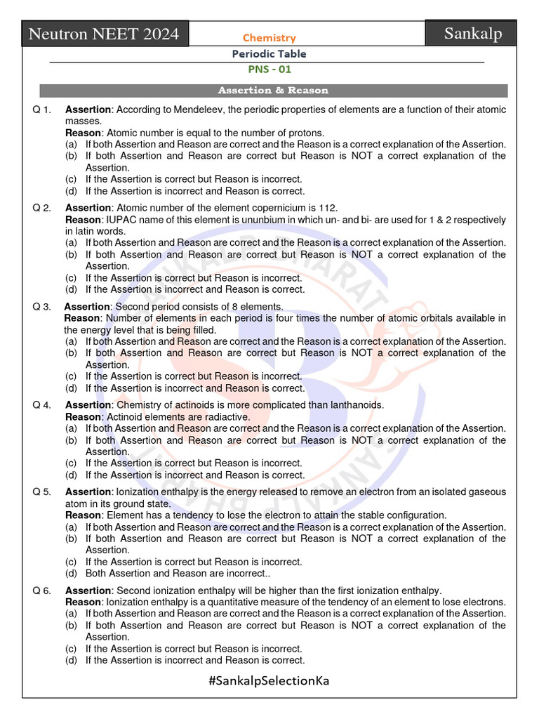 Periodic Table PNS 01 (Assertion & Reason) - 1205 - 1716949038356 | PDF ...