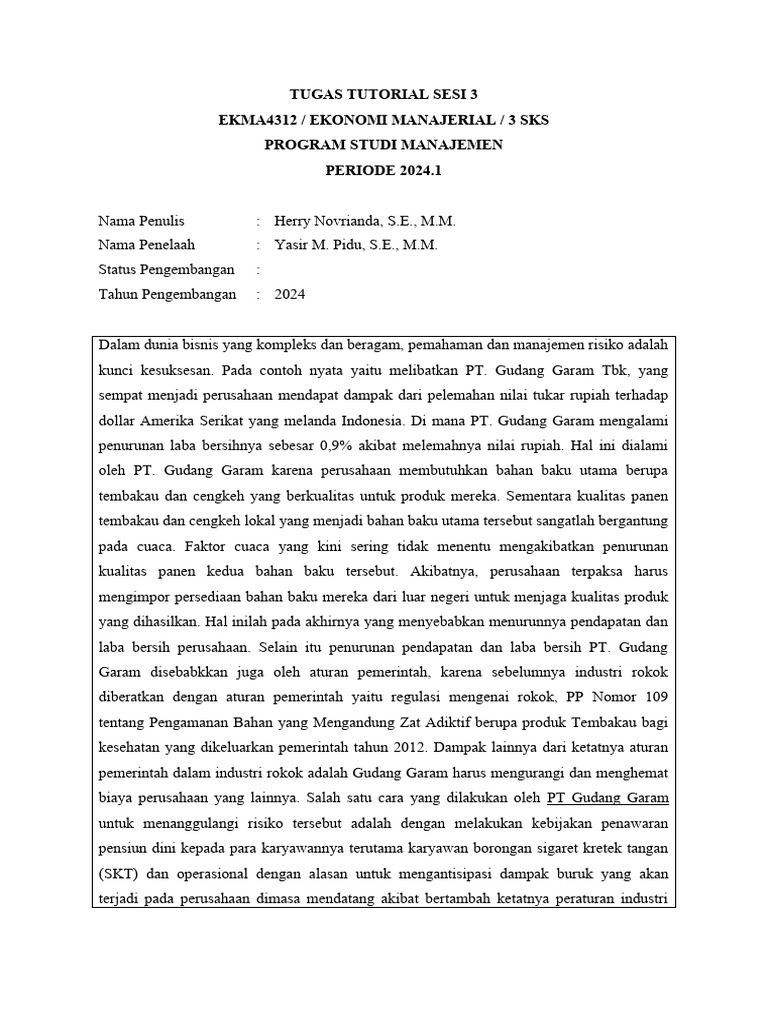 Tugas Tutorial Sesi 3 Ekma4312 / Ekonomi Manajerial / 3 Sks Program Studi Manajemen PERIODE 2024 ...