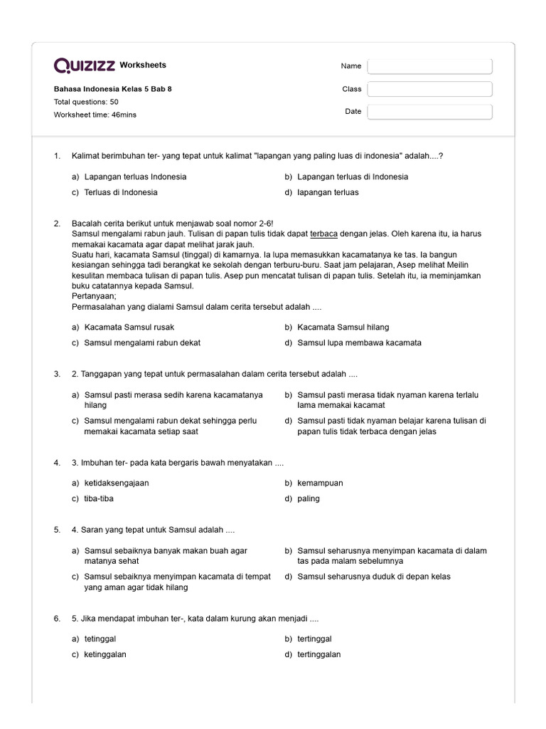 Bahasa Indonesia Kelas 5 Bab 8 - Quizizz | PDF