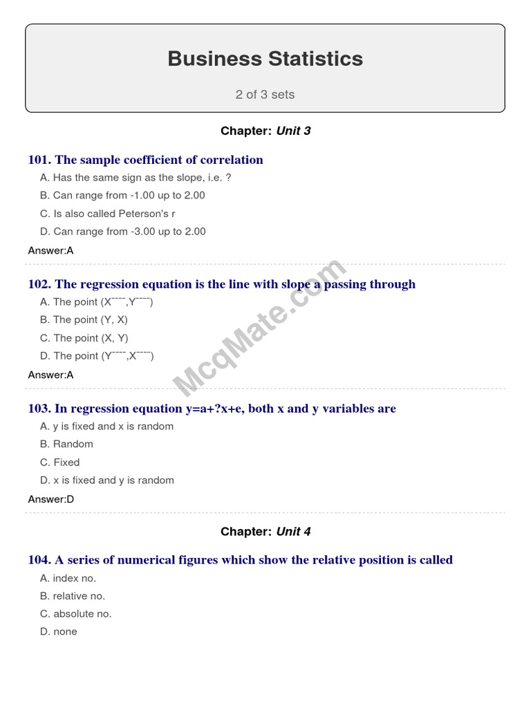 Business Statistics MCQs | PDF | Mean | Skewness