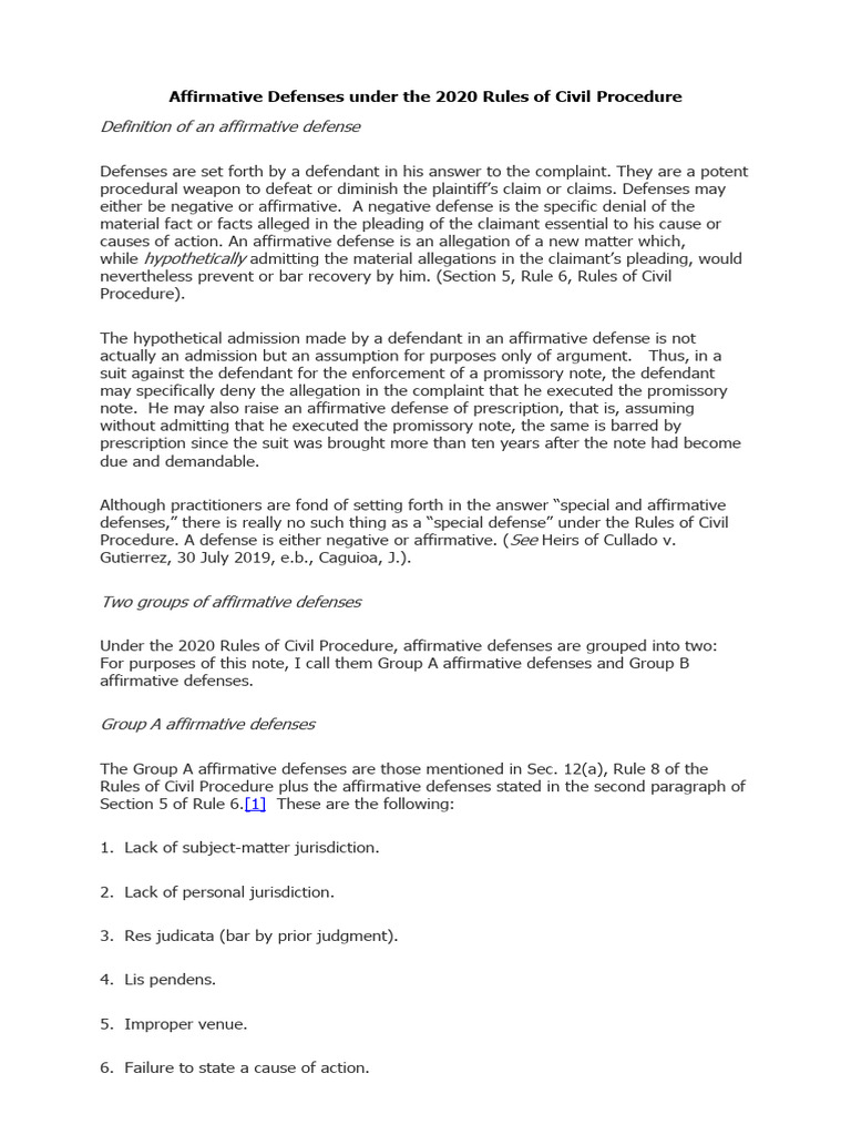 Affirmative Defenses Under The 2020 Rules of Civil - Legisperit | PDF ...