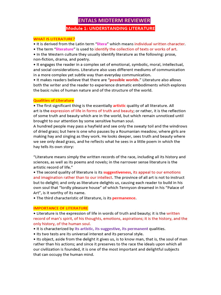 ENTALS-MIDTERM-REVIEWER | Download Free PDF | Narration | Poetry